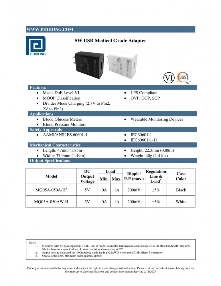 Phihong MQ05A-050A-H product documentation page 1