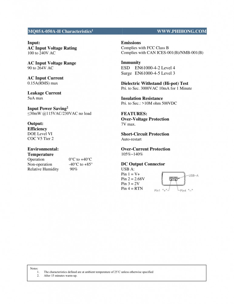 Phihong MQ05A-050A-H product documentation page 2