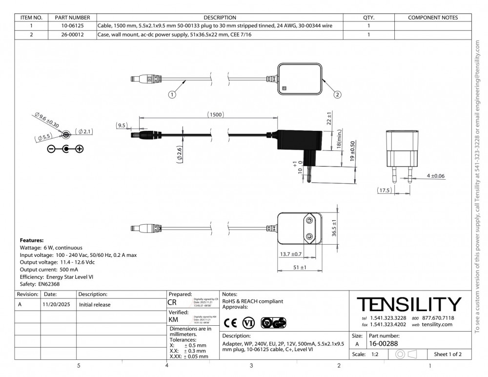 Tensility 16-00288 product drawing, sheet 1