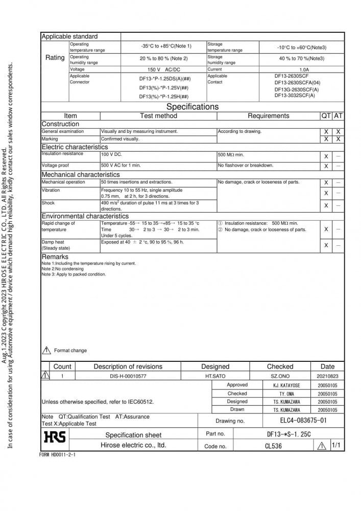 HRS DF13-13S-1.25C specification sheet preview