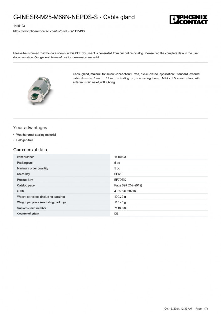 Phoenix Contact 1415193 technical document page 1