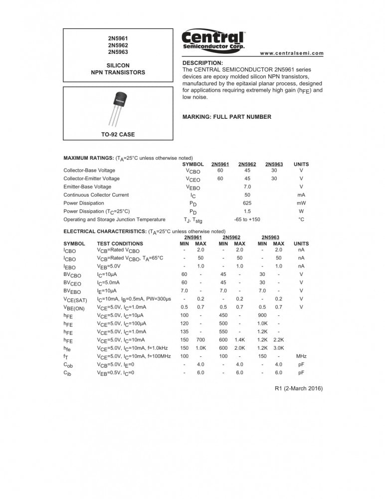 Central 2N5962 PBFREE datasheet page 1