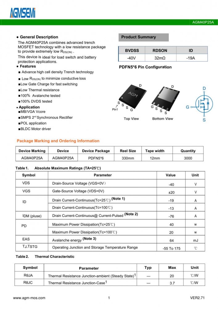 AGM40P25A datasheet page 1