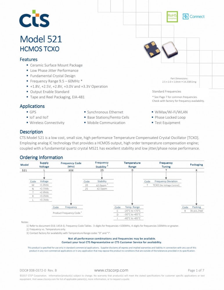 CTS 521 Model datasheet page 1