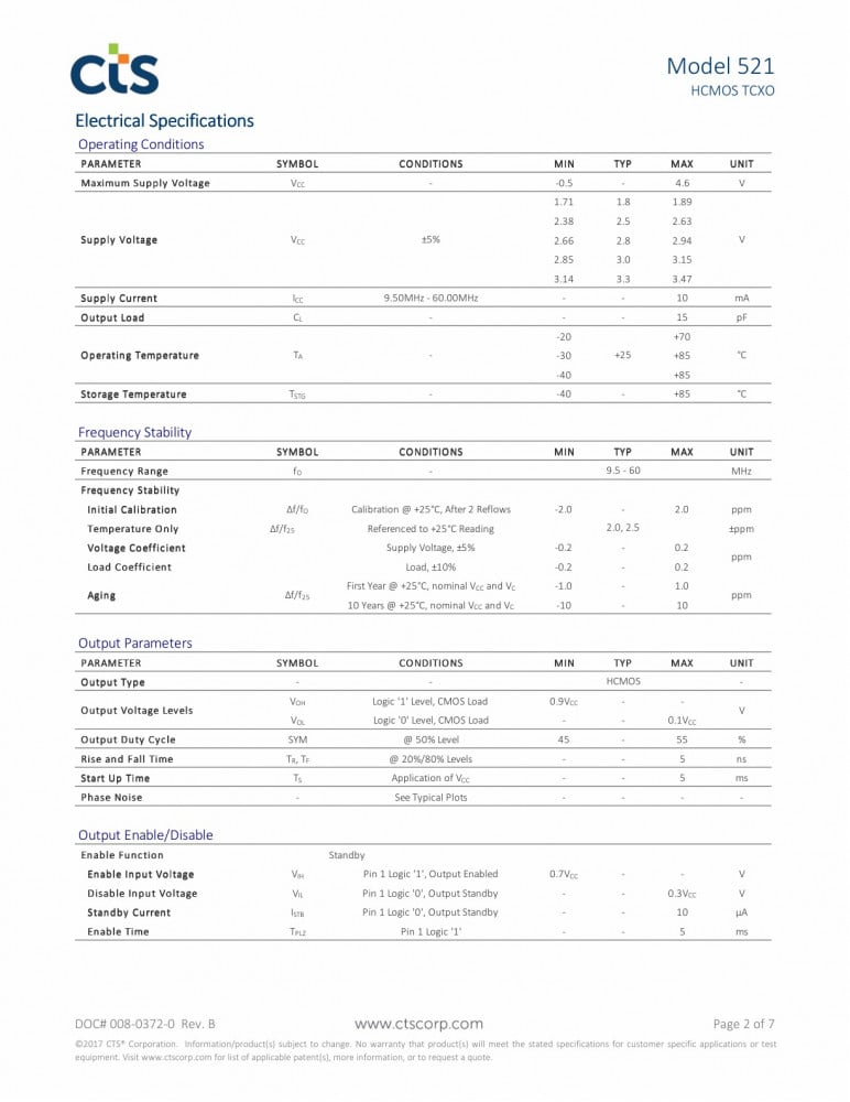 CTS 521 Model datasheet page 2