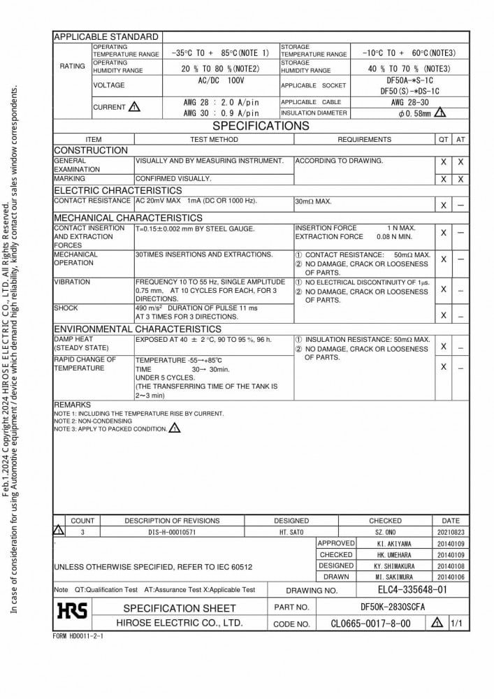 HRS DF50K-2830SCFA specification sheet preview