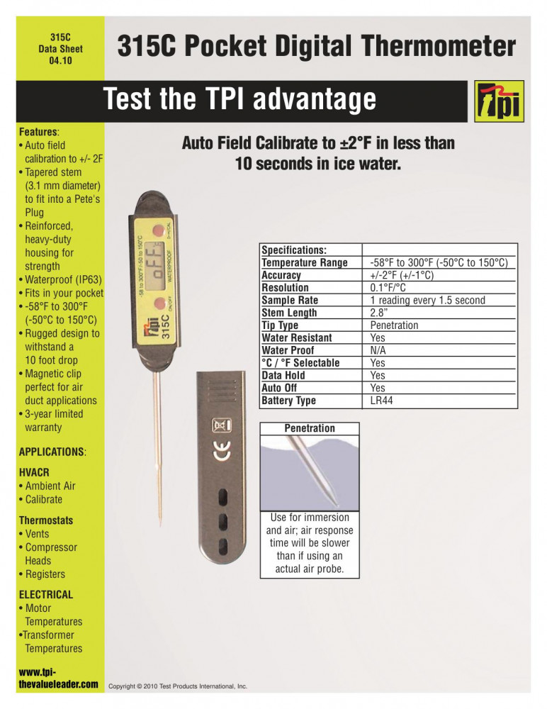 TPI 315C Pocket Digital Thermometer product document