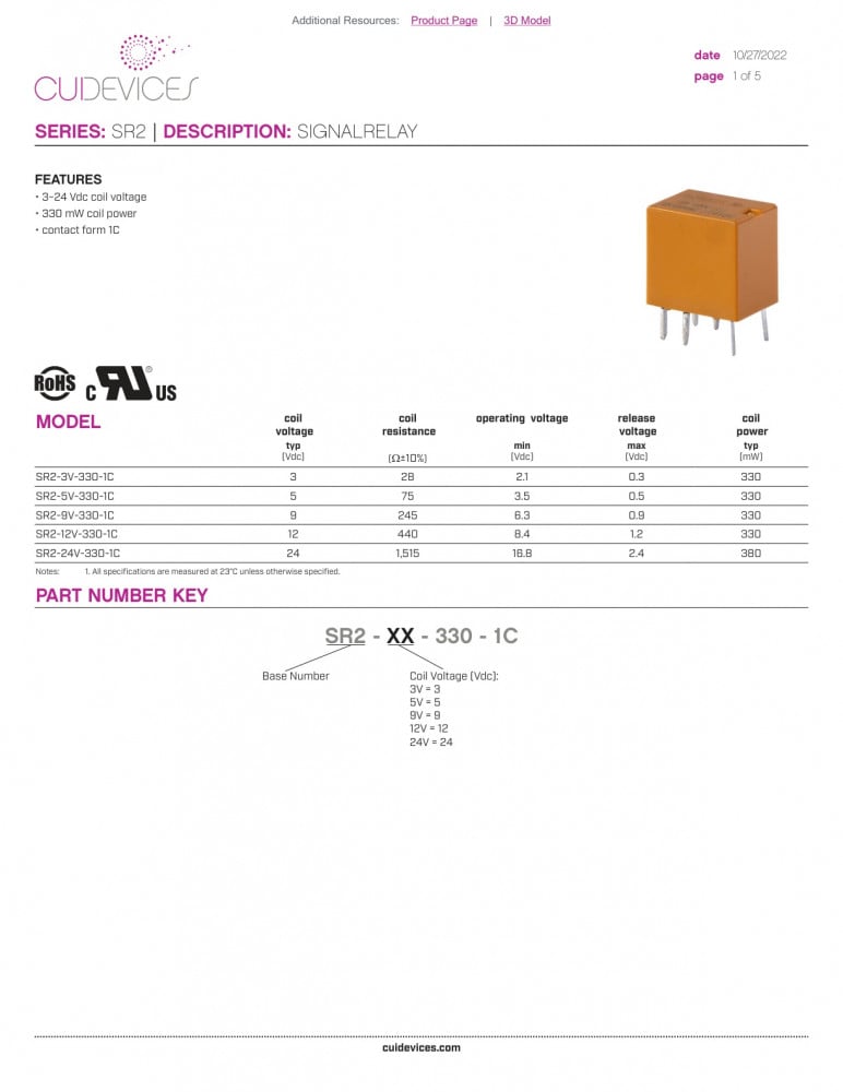 CUI SR2 datasheet page 1
