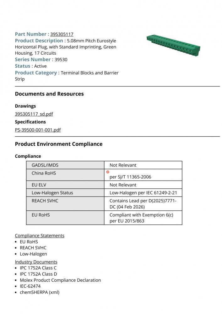 Technical document image 1 for MOLEX 395305117