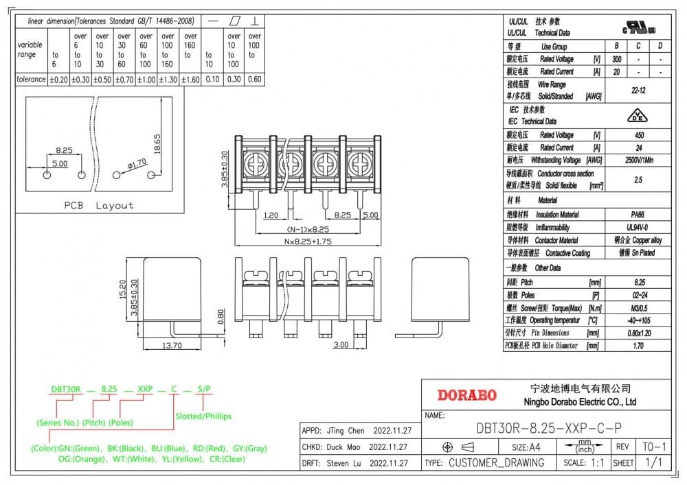 DORABO DBT30R-8.25 terminal block technical drawing preview