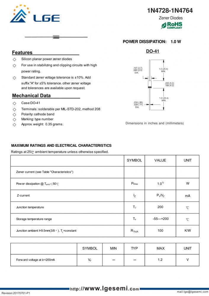 LGE 1N4764 datasheet page 1