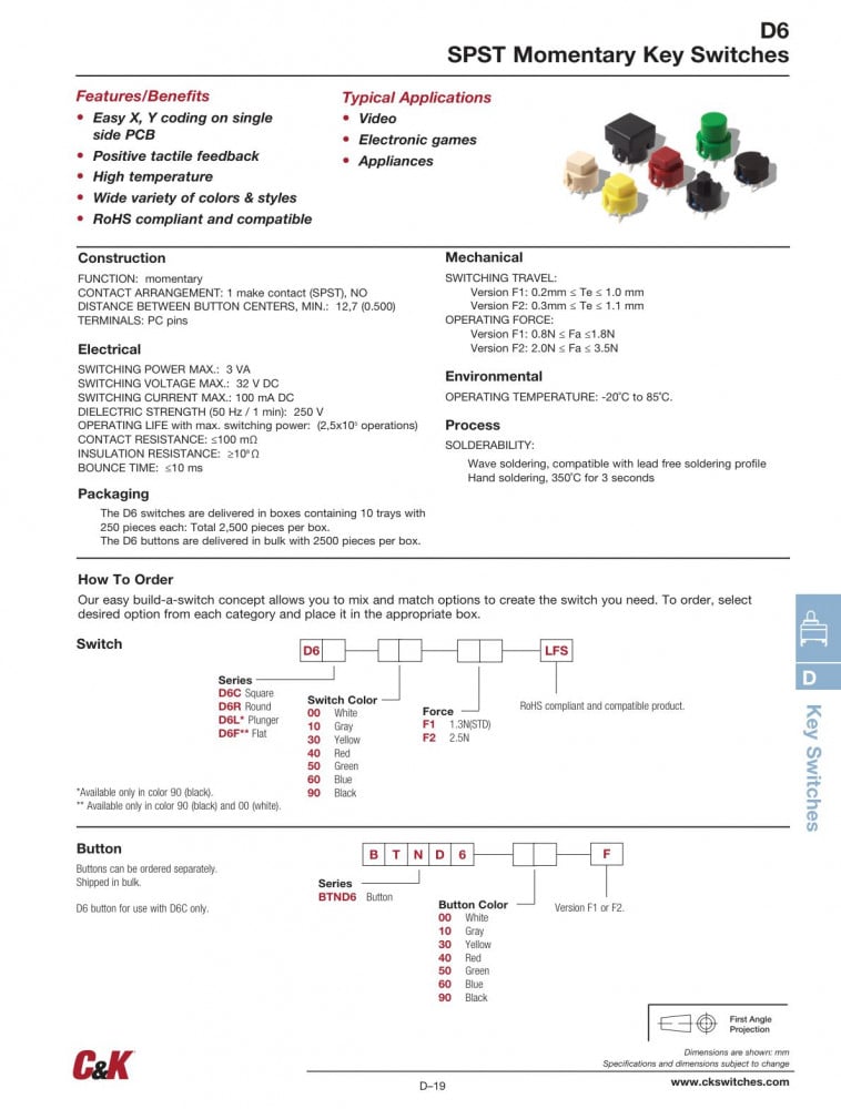 C&K D6R40F1LFS technical document page 1