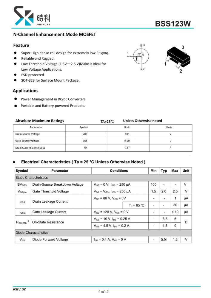 BSS123W datasheet page 1