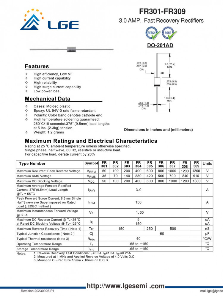 LGE FR307 datasheet page 1