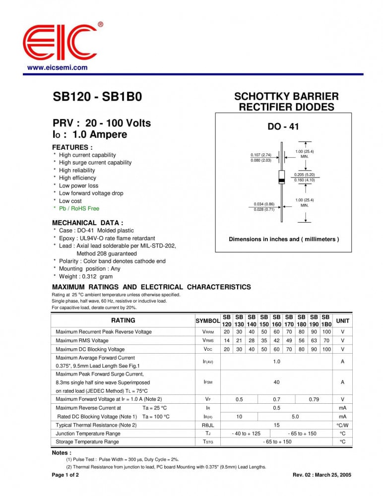 EIC SB180 datasheet page 1