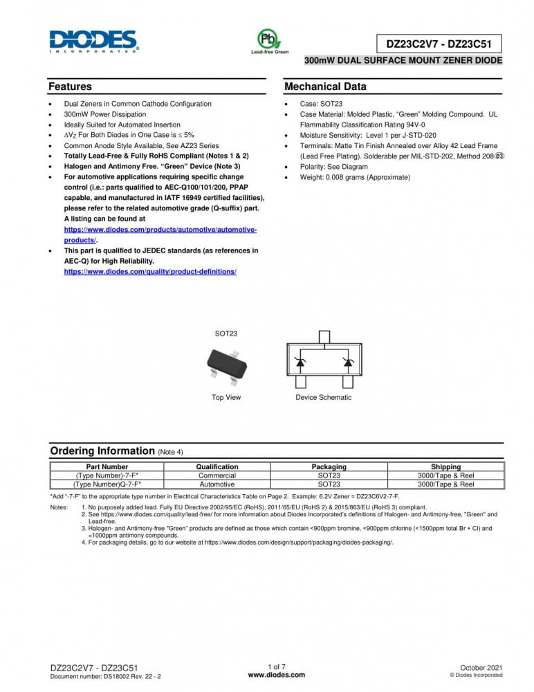 DZ23C10-7-F datasheet page 1