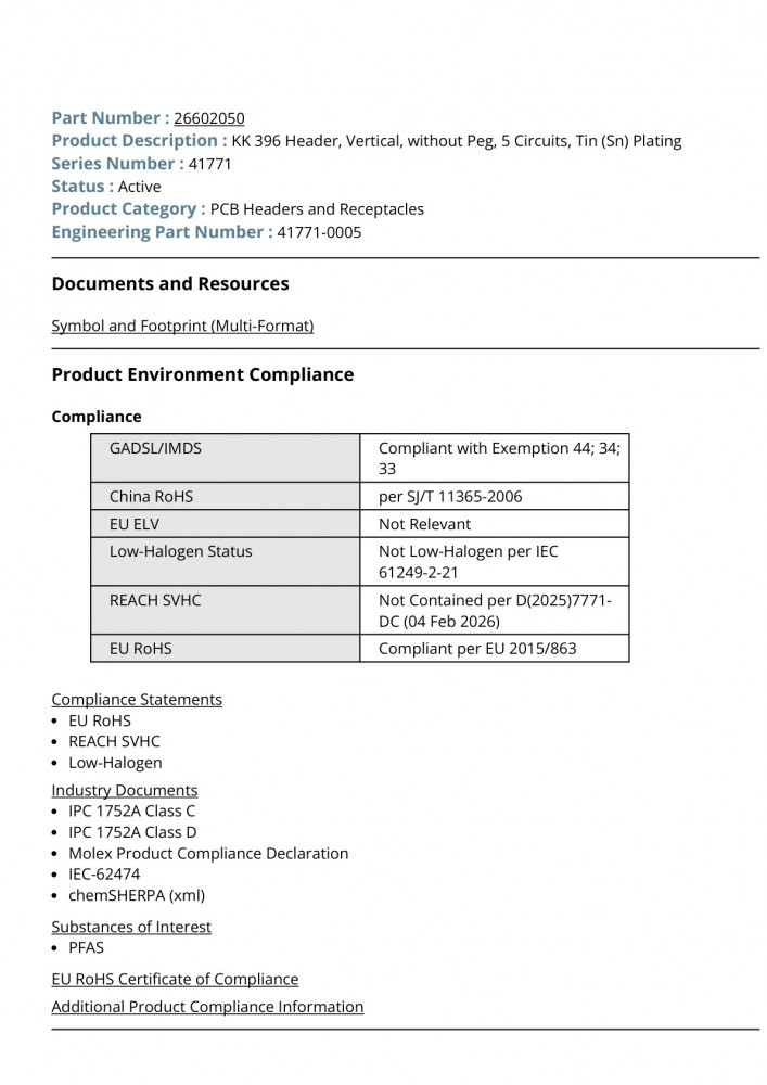 MOLEX 26602050 technical document preview, page 1