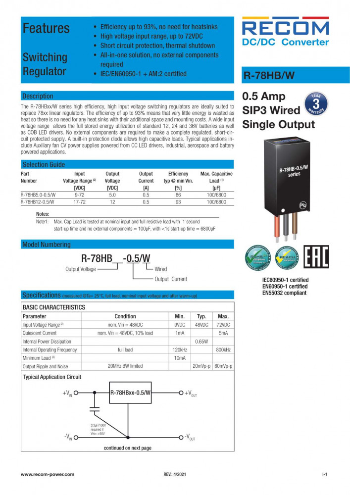 R-78HB5.0-0.5/W datasheet page 1