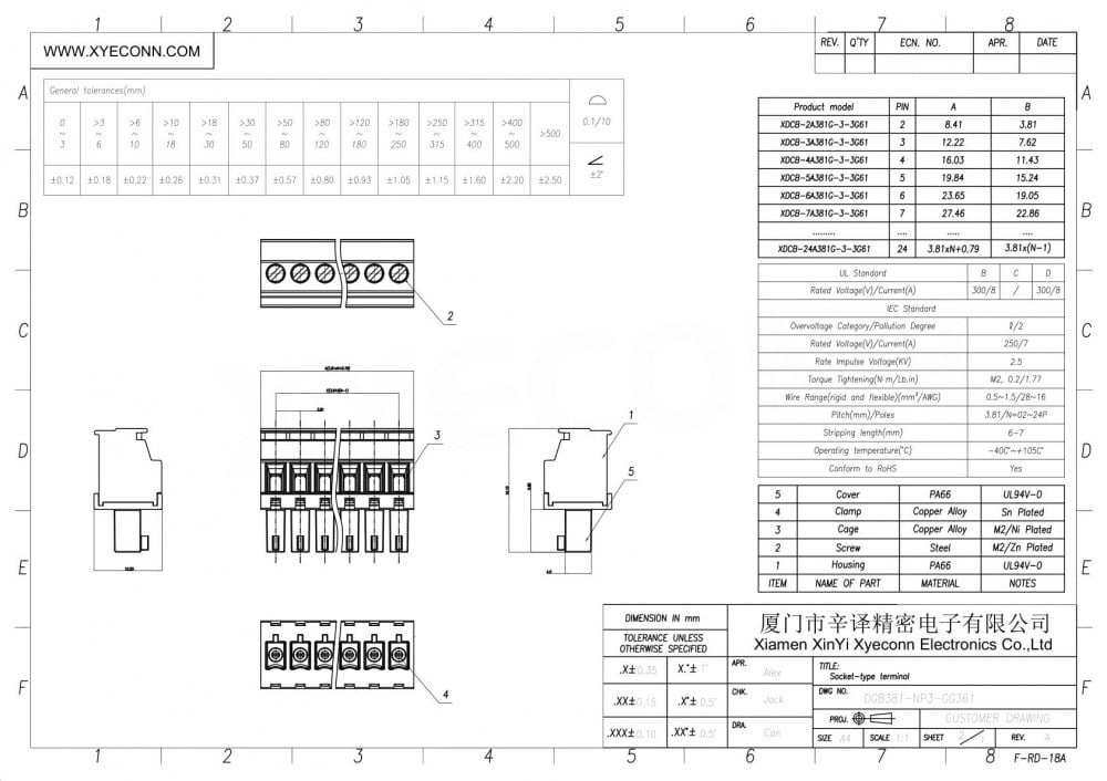 XYECONN XDCB-5A381G-3-3G61 technical drawing page 1