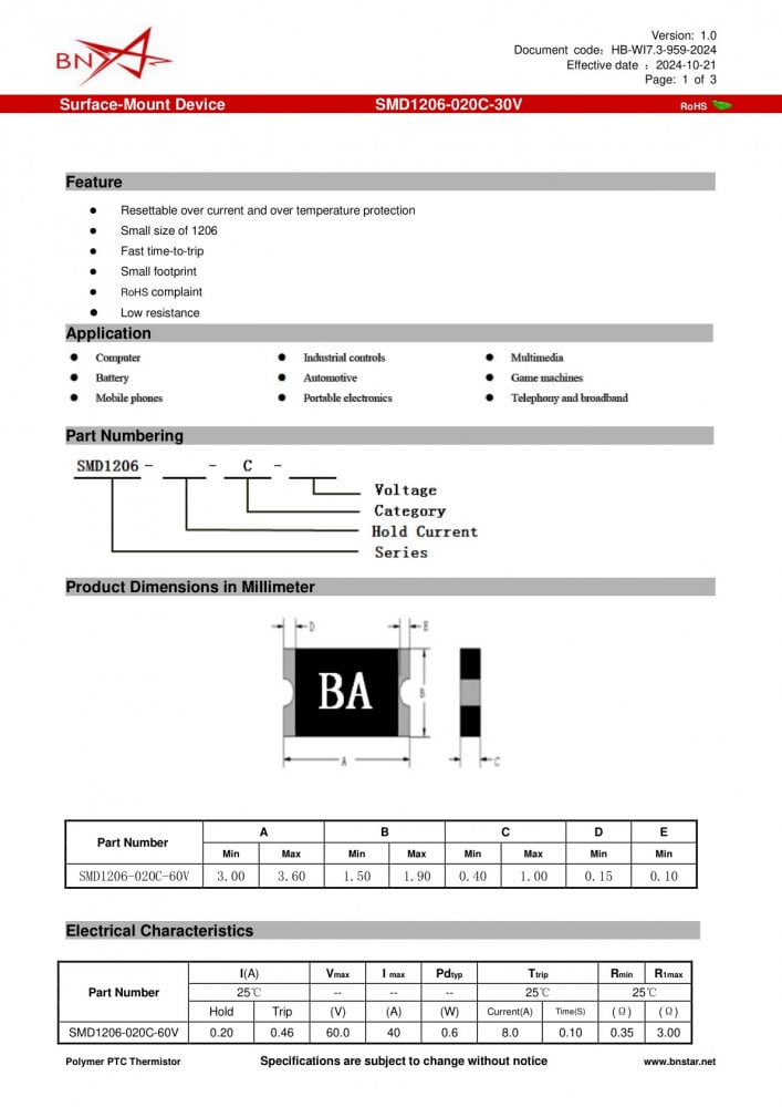 BNstar SMD1206-020C-60V datasheet page 1