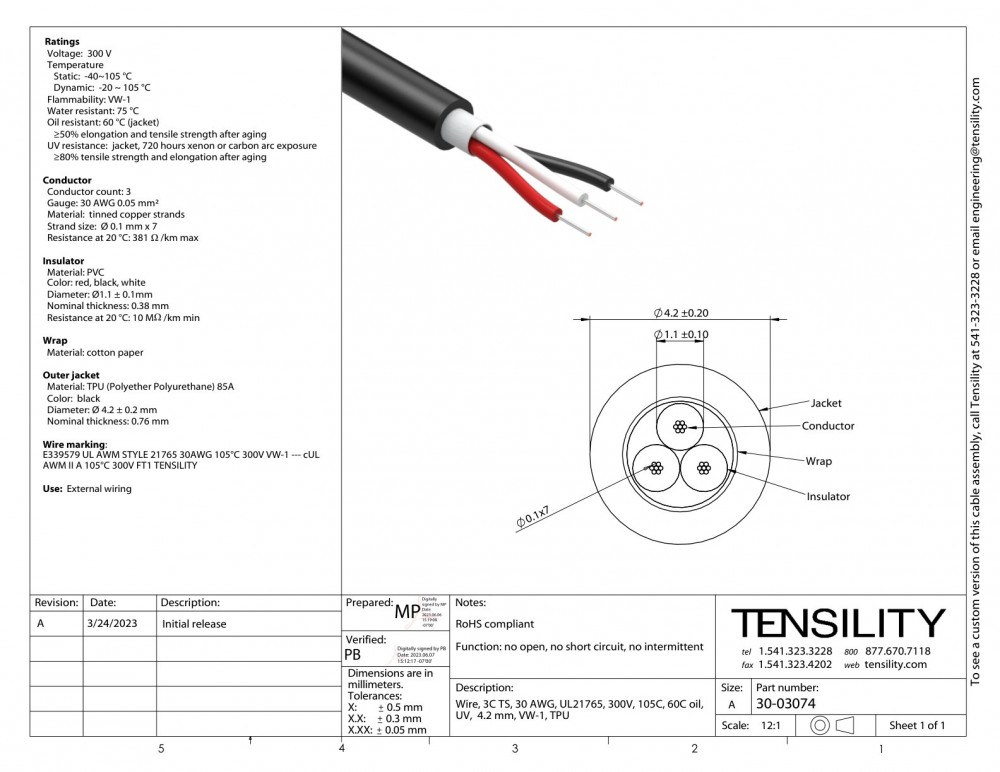 30-03074 product drawing showing cable construction and product specification