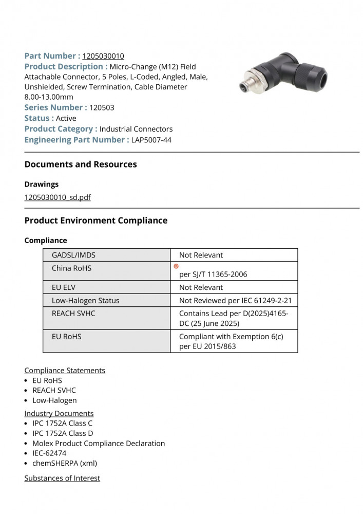 MOLEX 1205030010 product document, page 1