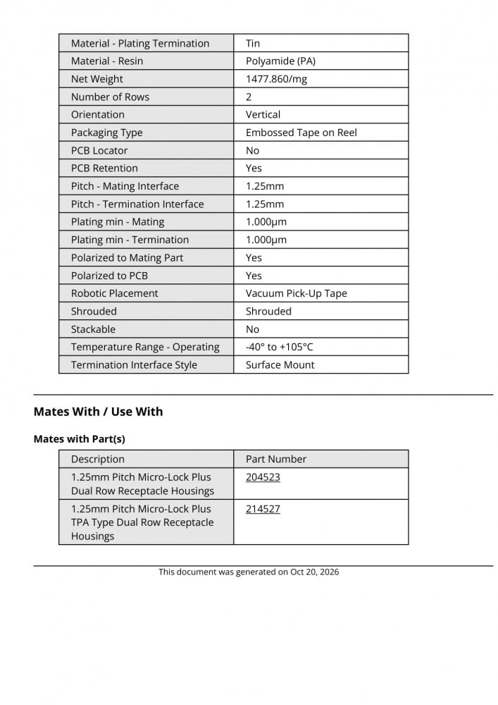 Technical document page 3 for MOLEX 2045202871