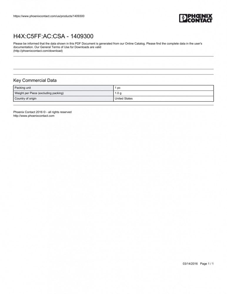 Phoenix Contact H4X:C5FF:AC:CSA 1409300 catalog document preview