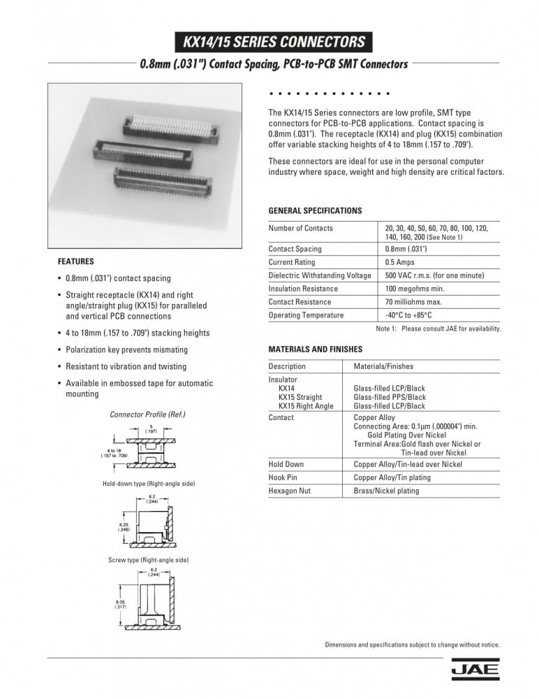 JAE KX14/15 Series documentation page 1