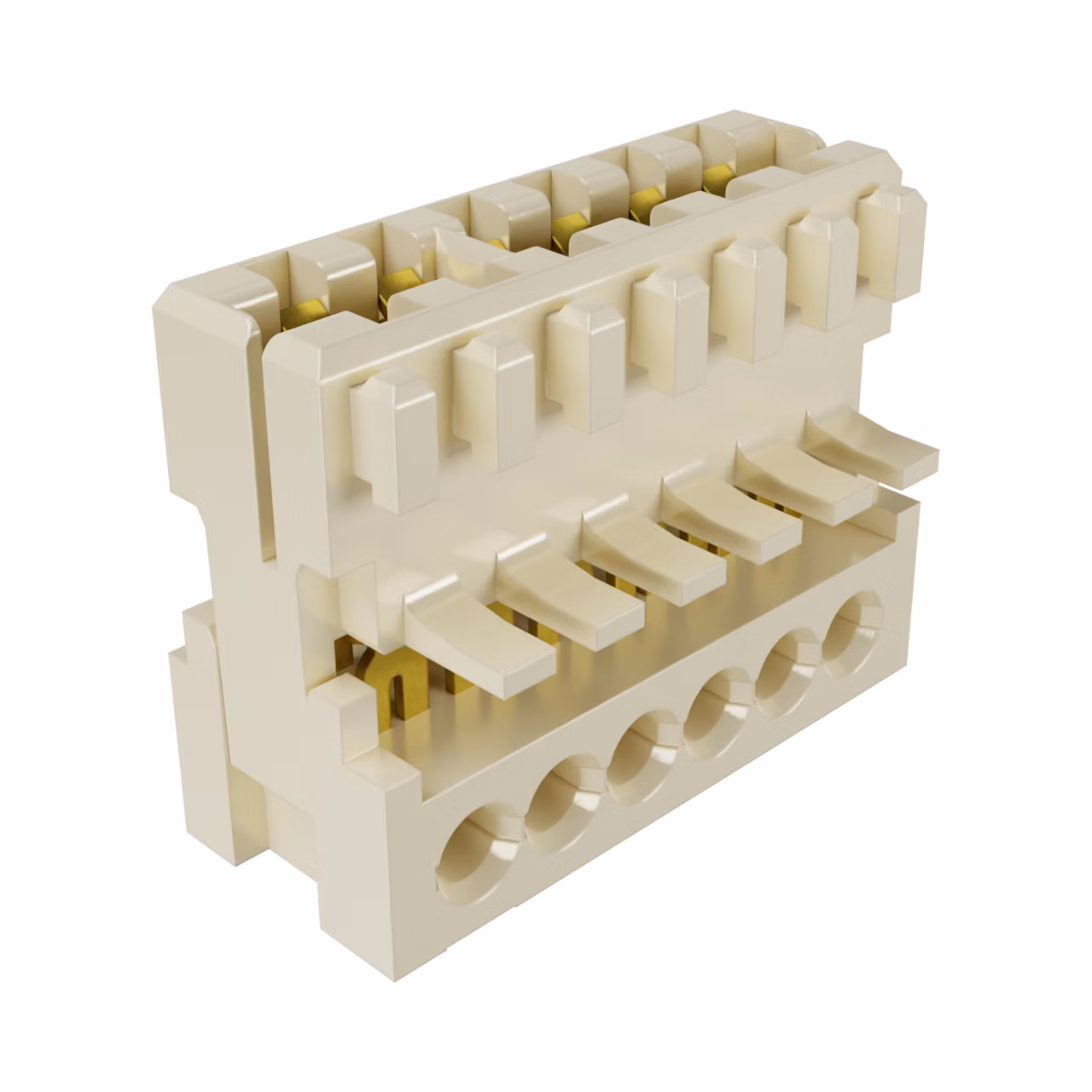 Appli-Mate RAST 2.5 Connector, 2.50mm Pitch, Female, 6 Circuits, Positions A and G Removed, Polarizing Rib Between 2/3, Locking Pips, Slotted Endwalls, Tin Plating