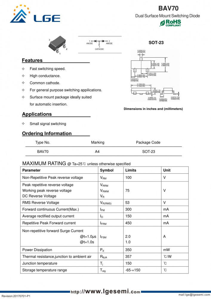 LGE BAV70 datasheet page 1