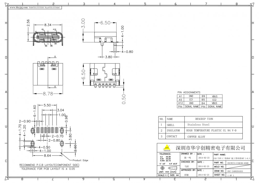 HOAUC HYCW574-USBC06-650B technical document page