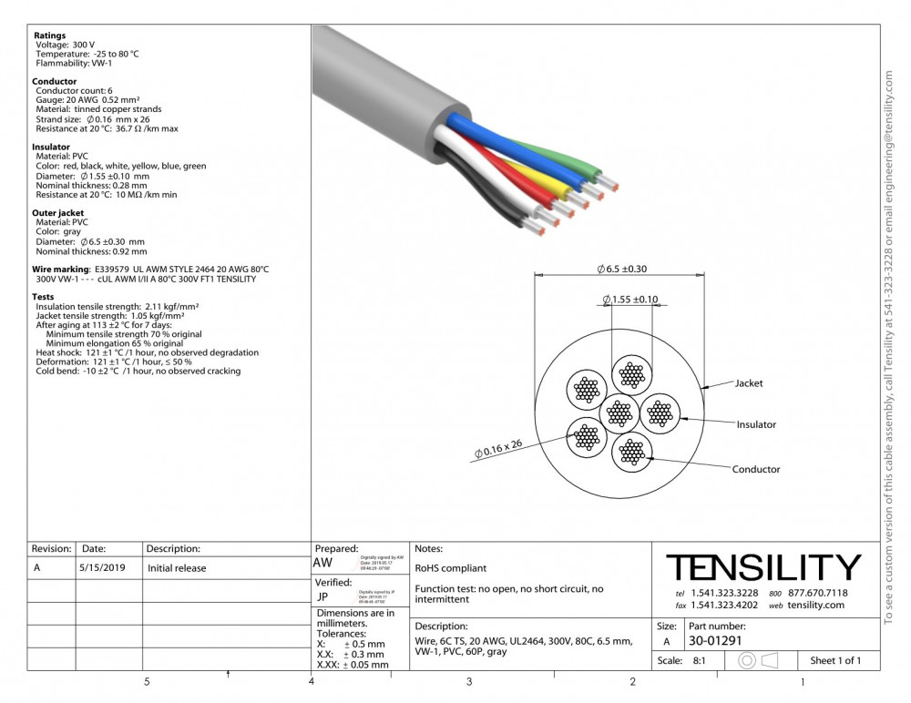 Tensility International 30-01291 cable drawing and specification page