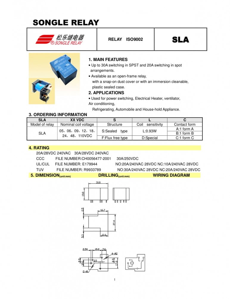 Songle SLA relay datasheet page 1