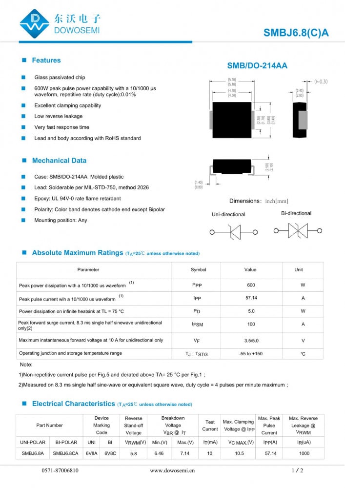 DOWO SMBJ6.8CA datasheet page 1