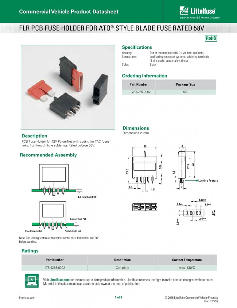 Littelfuse FLR PCB fuse holder technical document page 1