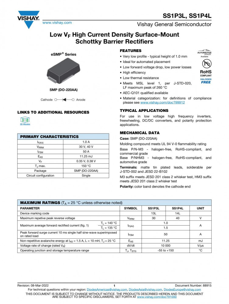 Vishay SS1P datasheet page 1