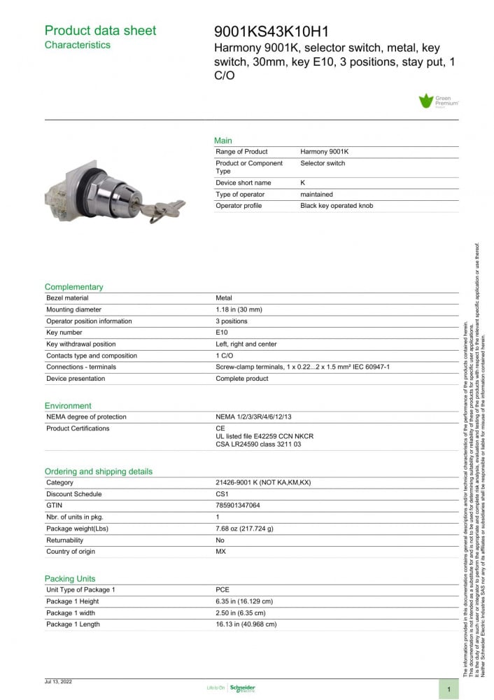 9001KS43K10H1 technical document page 1