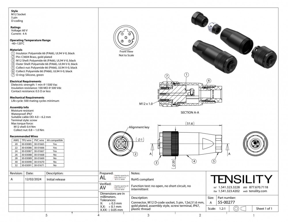 55-00277 M12 D-code 5-pin socket product drawing preview