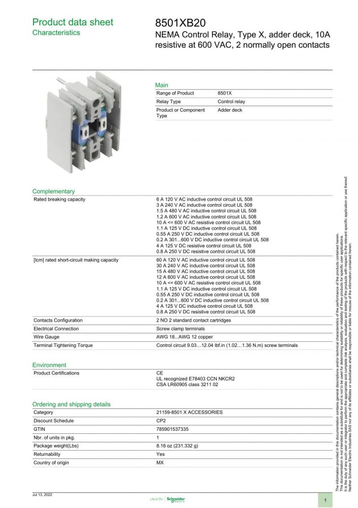 8501XB20 technical documentation page 1