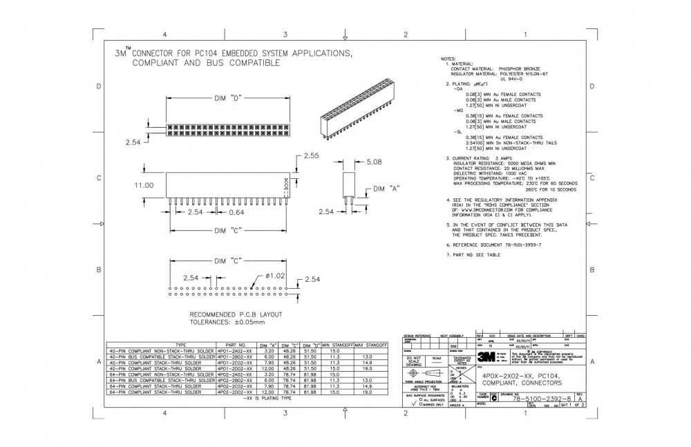 3M 4P01 and 4P02 PC104 connector drawing page 1