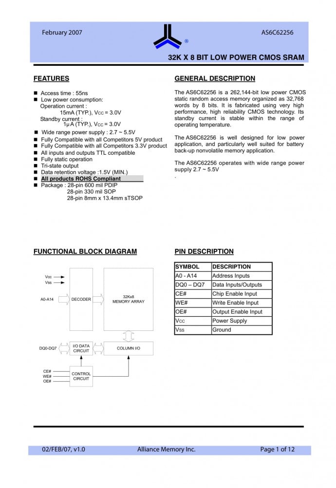 AS6C62256 datasheet page 1