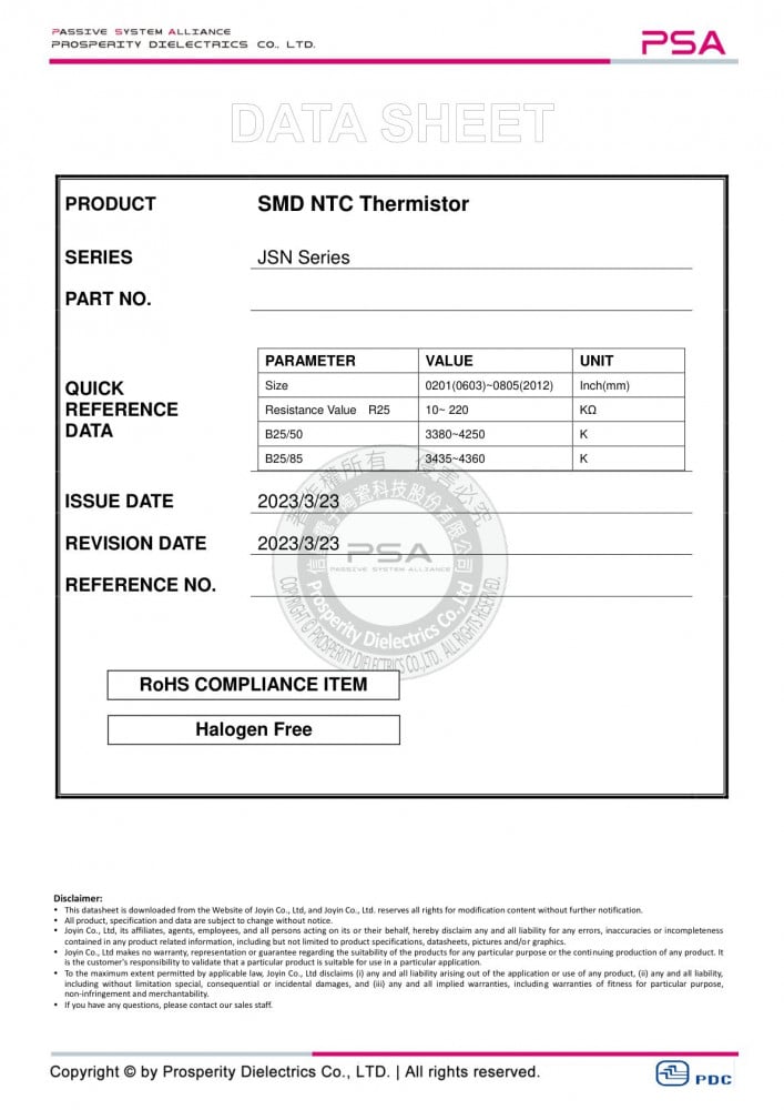 JSN Series datasheet page 1