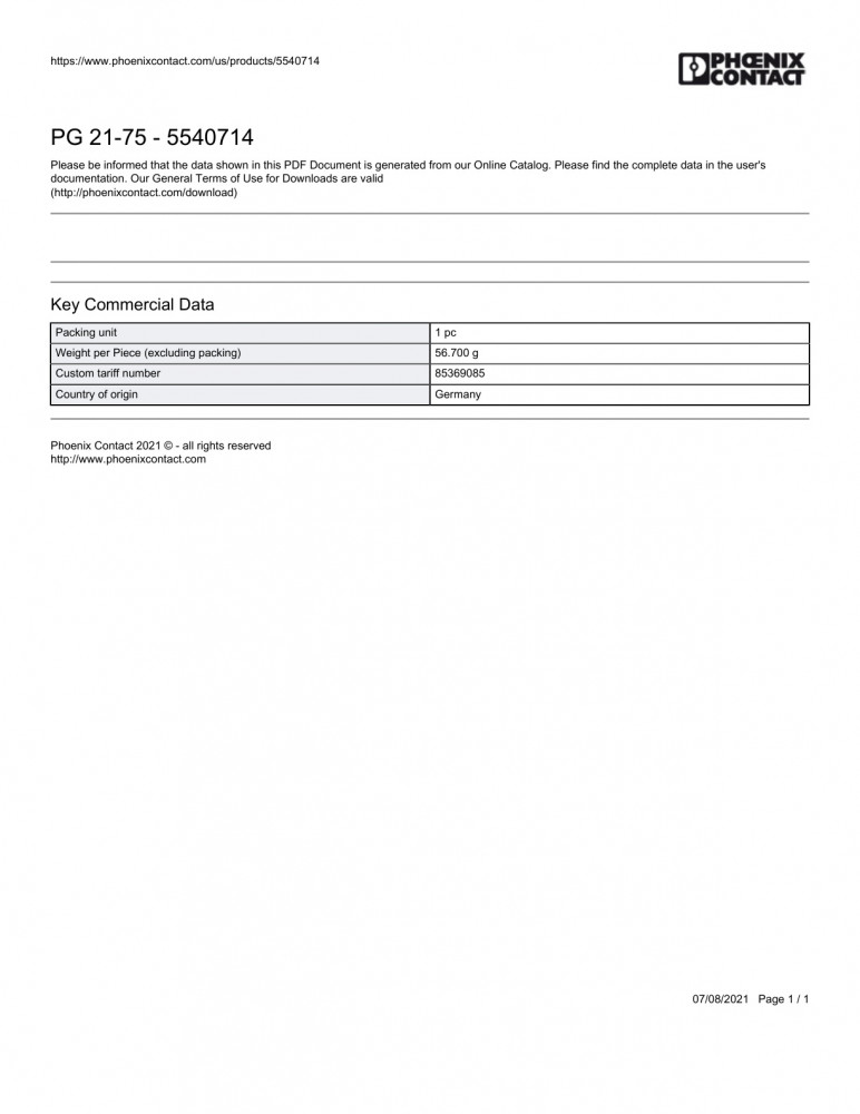 Phoenix Contact PG 21-75 5540714 technical document preview