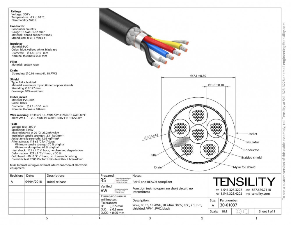 30-01037 cable specification and dimensional drawing