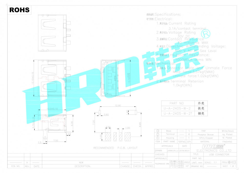 U-A-24DS-W-2T USB connector datasheet and recommended PCB layout