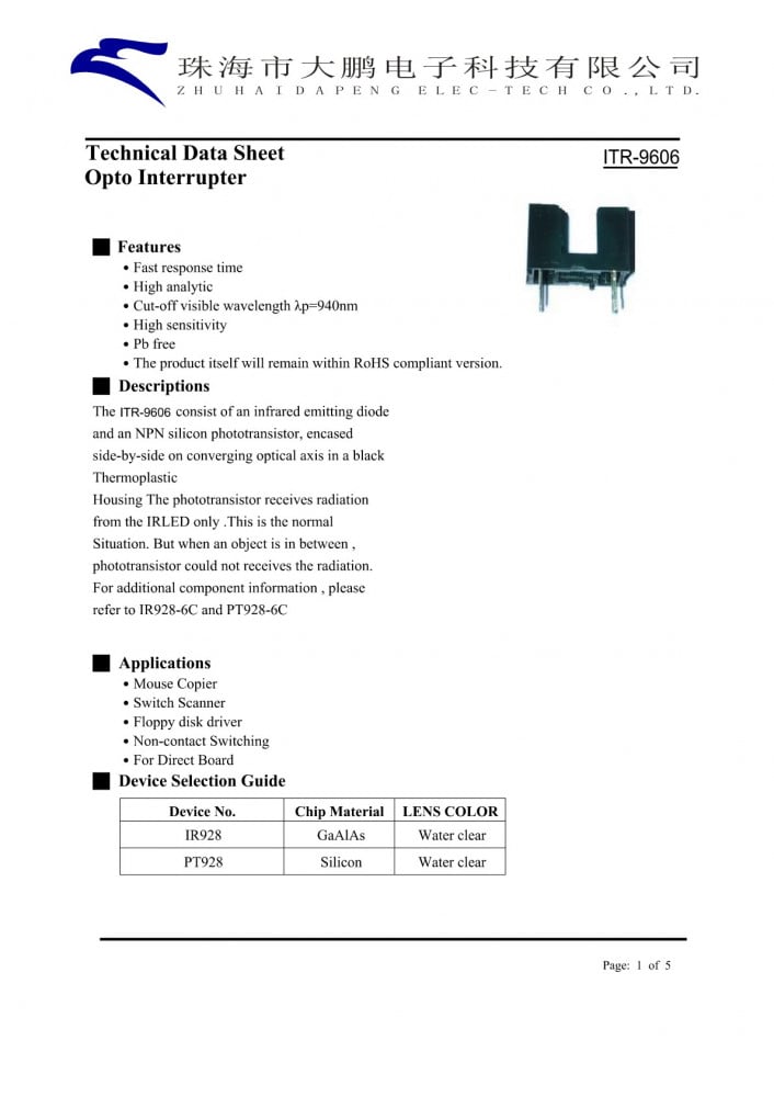 DP-ITR9606 datasheet page 1
