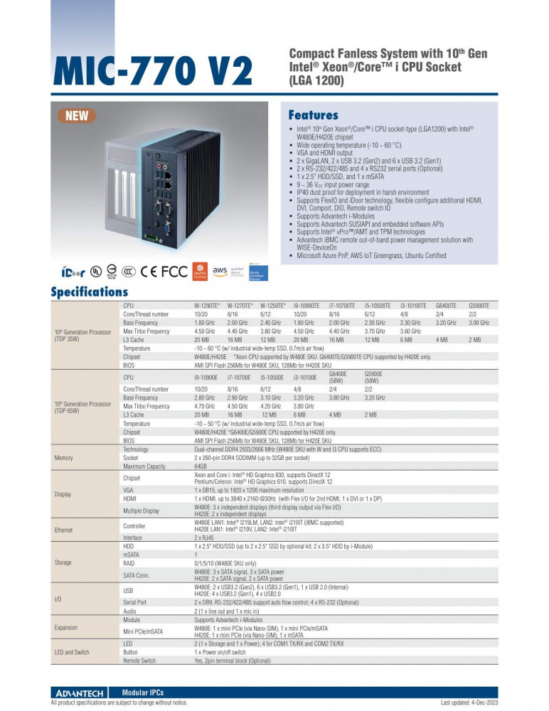 ADVANTECH MIC-770 V2 technical document page 1