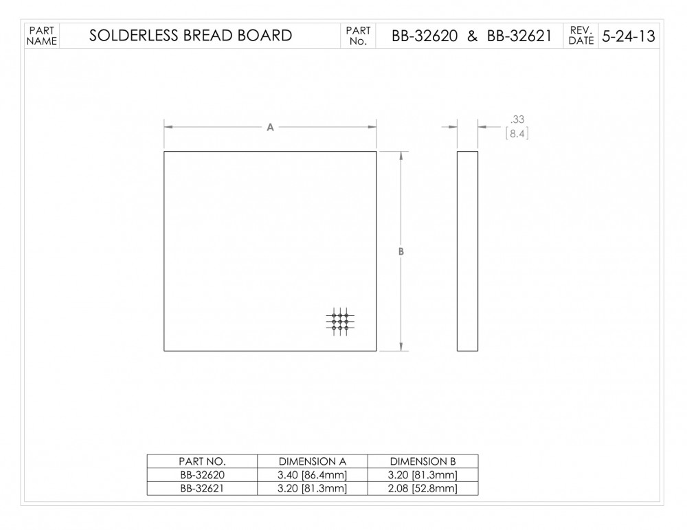 BB-32621 solderless breadboard product drawing