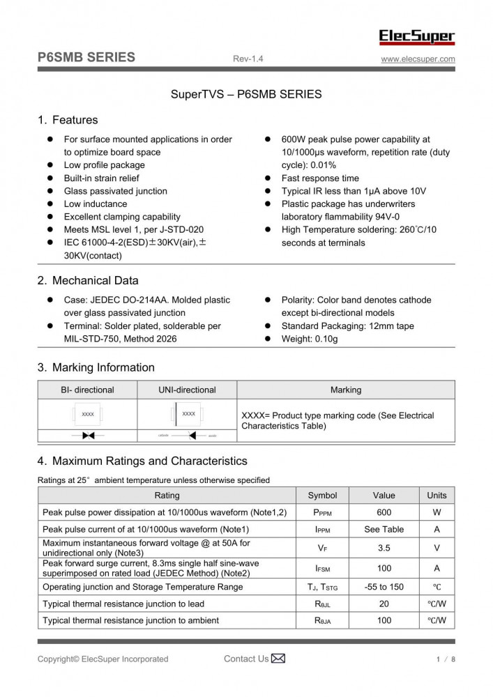 ElecSuper P6SMB series datasheet page 1